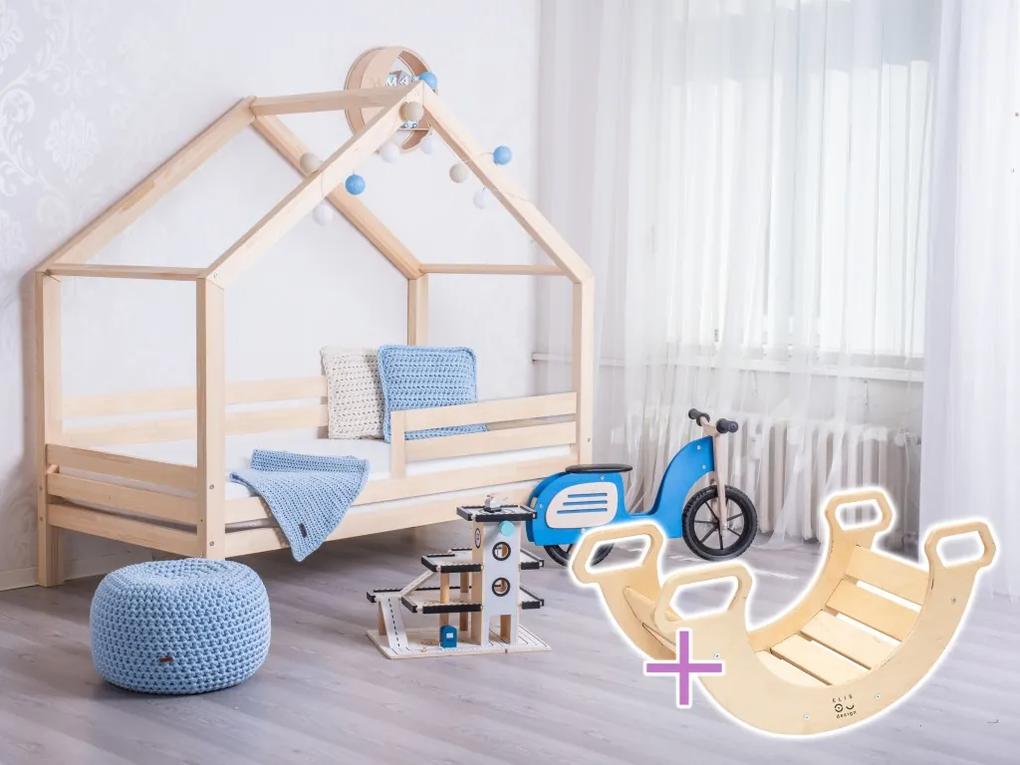 Set - Domečková postel dominant premium 80 x 160 s oběma zábranami a  Montessori dřevěná houpačka 5in1 natur | BIANO