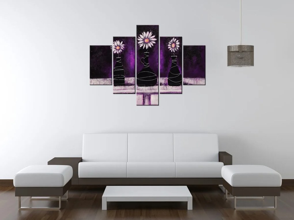 Gario Ručně malovaný obraz Kopretinové fialové trio - 5 dílný Rozměry: 100 x 70 cm