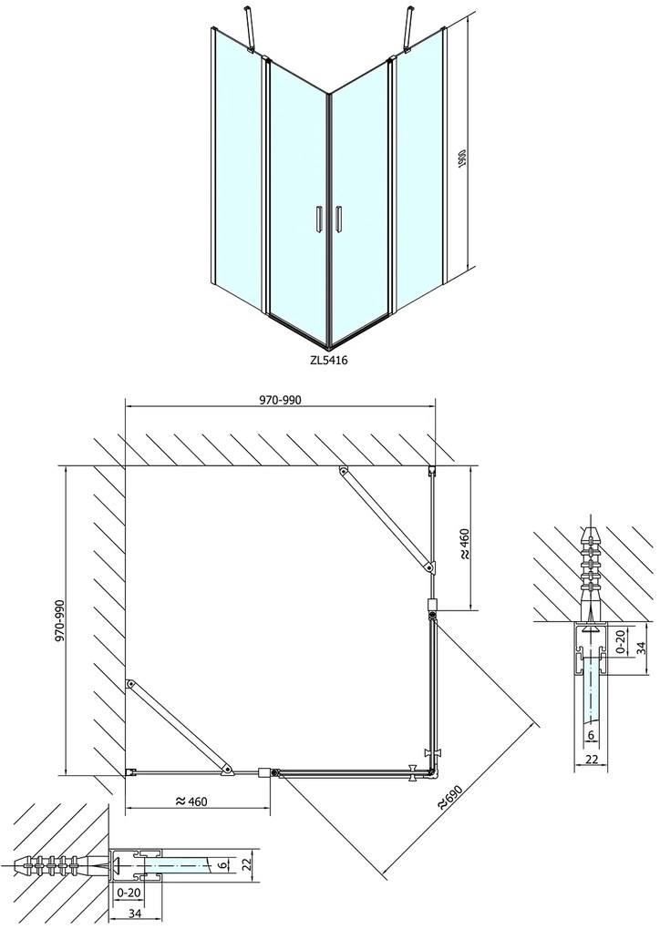 Polysan, ZOOM LINE čtvercová sprchová zástěna 1000x1000mm, čiré sklo, ZL5416