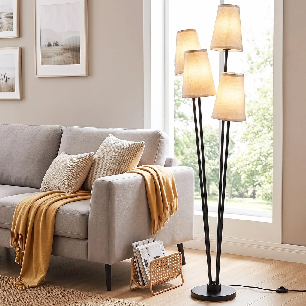 Costway 4-plamenová stojací lampa s nožním spínačem a 4 stínidla Moderní stojací