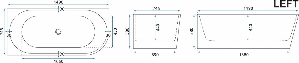 Asymetrická akrylátová vana s krycím panelem REA SYDNEY BELLANTO Levá 150x75 cm, bílý, sifon Click-Clack - bílý