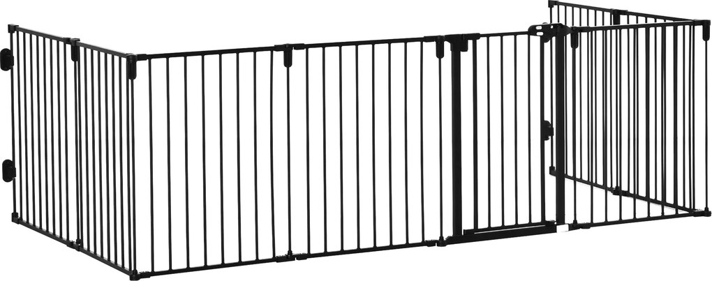 PawHut Bezpečnostní bariéra pro ochranu krbu - Skládací modulární košíček pro psy, 8 panelů s dveřmi, bez vrtání, 482,5 x 76 cm, Černá
