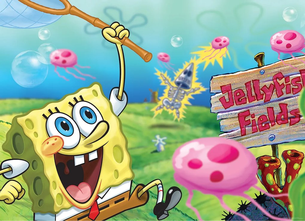 Dětská vliesová fototapeta na zed' Spongebob Chytá Medúzy | 252 x 182 cm | DFTDXL2053