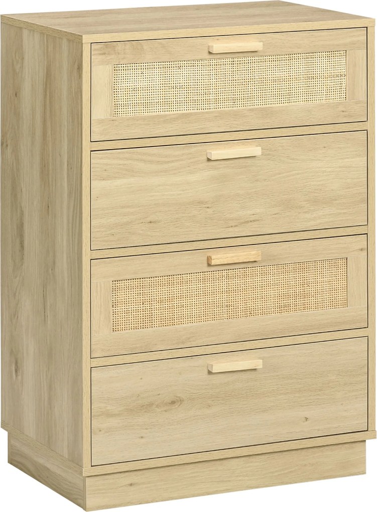 HOMCOM Noční stolek s rattanovými mřížkovými zásuvkami, bohémský styl, komoda do ložnice s protiskluzovým systémem 60x38x88,5 cm přírodní | Aosom