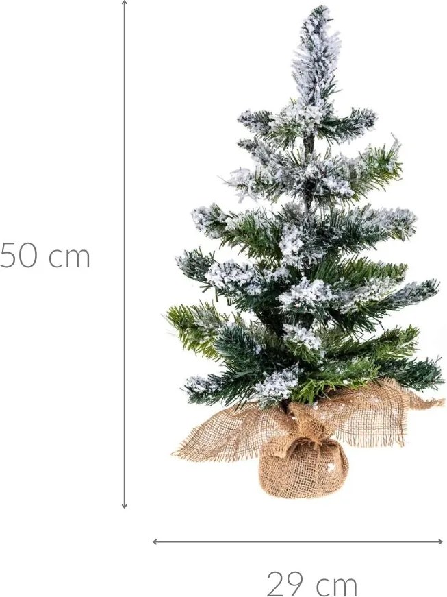 Umělý vánoční stromeček s umělým sníhem v jutovém pytli, 50 cm