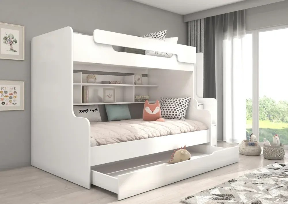 Patrová postel se schody a matracemi HARELL – bílá
