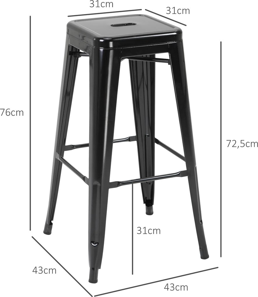 HOMCOM Set 4 stohovatelných barových židlí s opěrkou nohou, výška sedáku 76 cm, černý kov