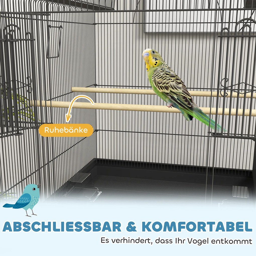 PawHut klec pro ptáky velká klec pro andulky s podnosem, policí, krmítkem, ptačí budka na kolečkách pro kanáry, ocel 63 x 53 x 144 cm černá