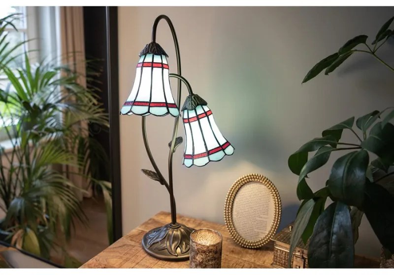 Modrá stolní Tiffany lampa 2 stínidla červené pruhy RedLine – 35x18x61 cm