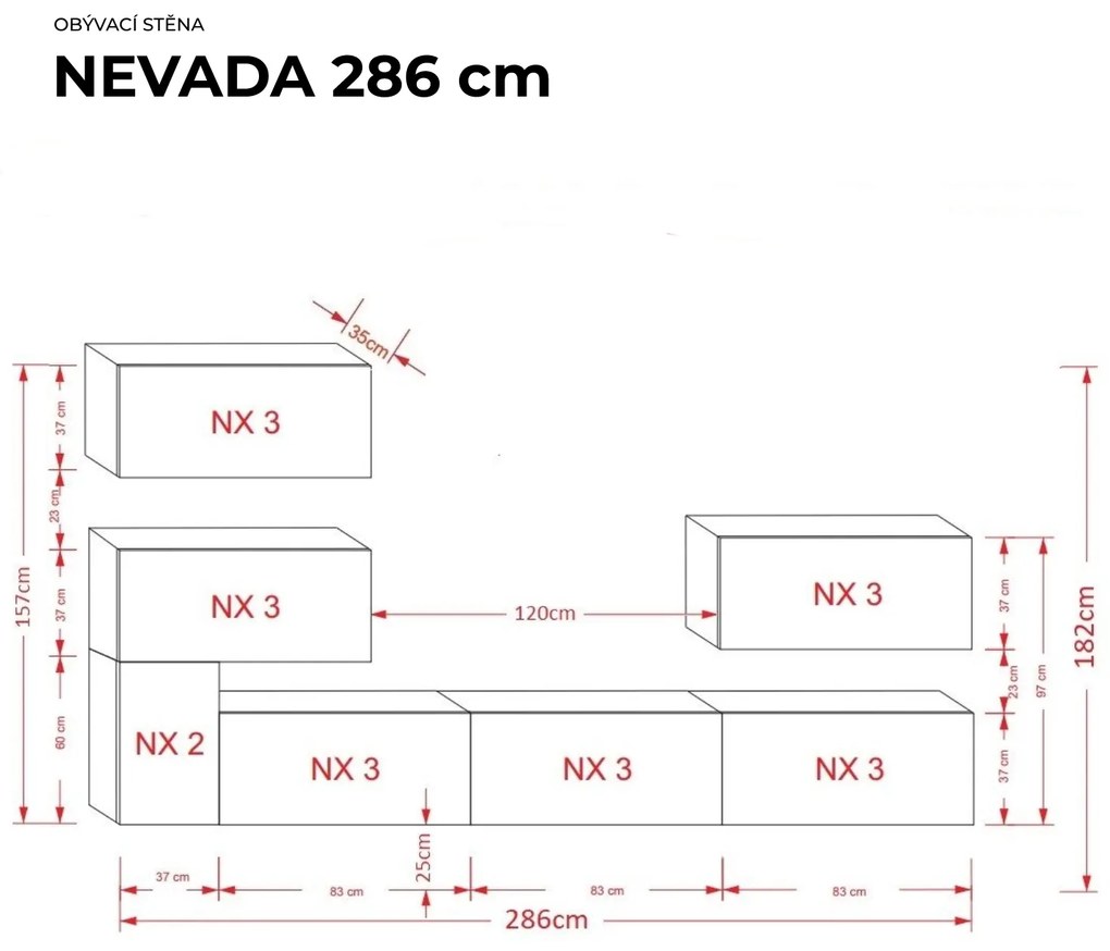 Ral Obývací stěna NEVADA 2, 286 cm - Bílý lesk