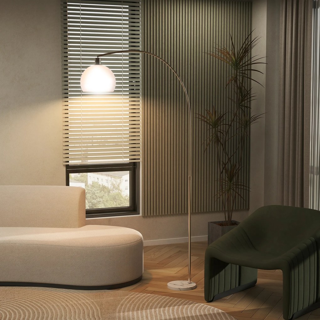 HOMCOM Stojací lampa, ohnutá hlava, nožní spínač, mramorový podstavec, plastový stínidlo, bílá