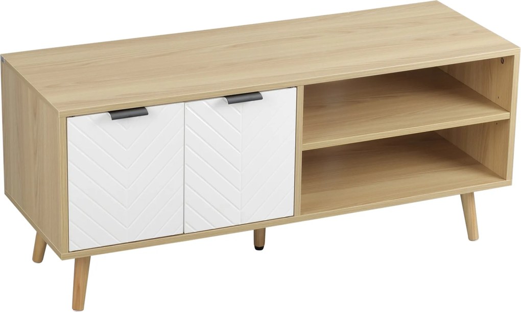 HOMCOM Moderní televizní stolek s 2 dvířky a 2 policemi pro televize do 116 cm pro ložnici 110x39x48,8 cm Přírodní a bílý