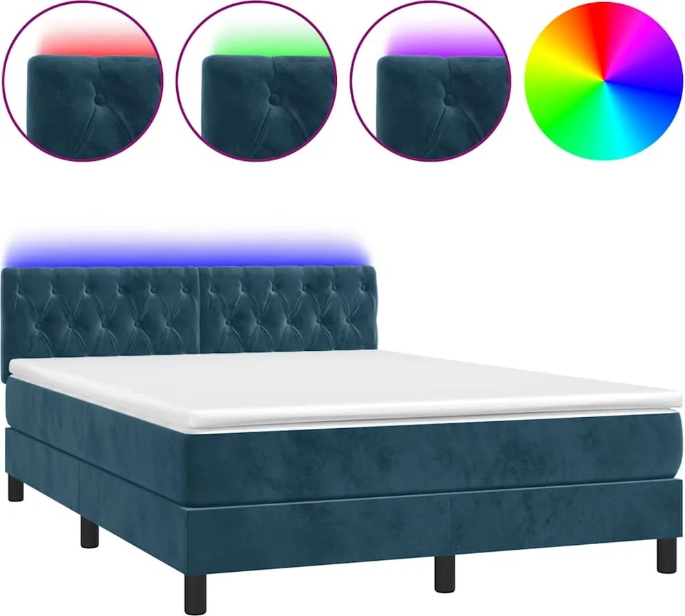 Box spring postel s matrací a LED tmavě modrá 140x200 cm samet 3134589