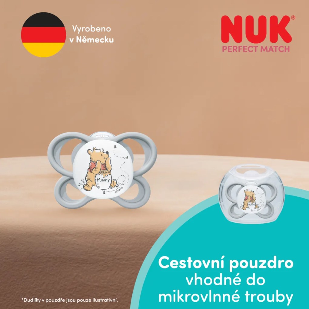 NUK Dudlík Perfect Match Air Medvídek Pú 0-6 m 1 ks v boxu  Grey