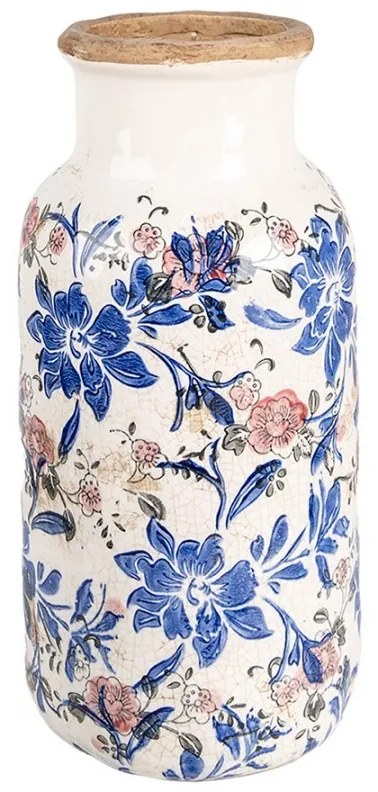 Béžová keramická dekorační váza s modrými květy Marsia L - Ø 15*32 cm