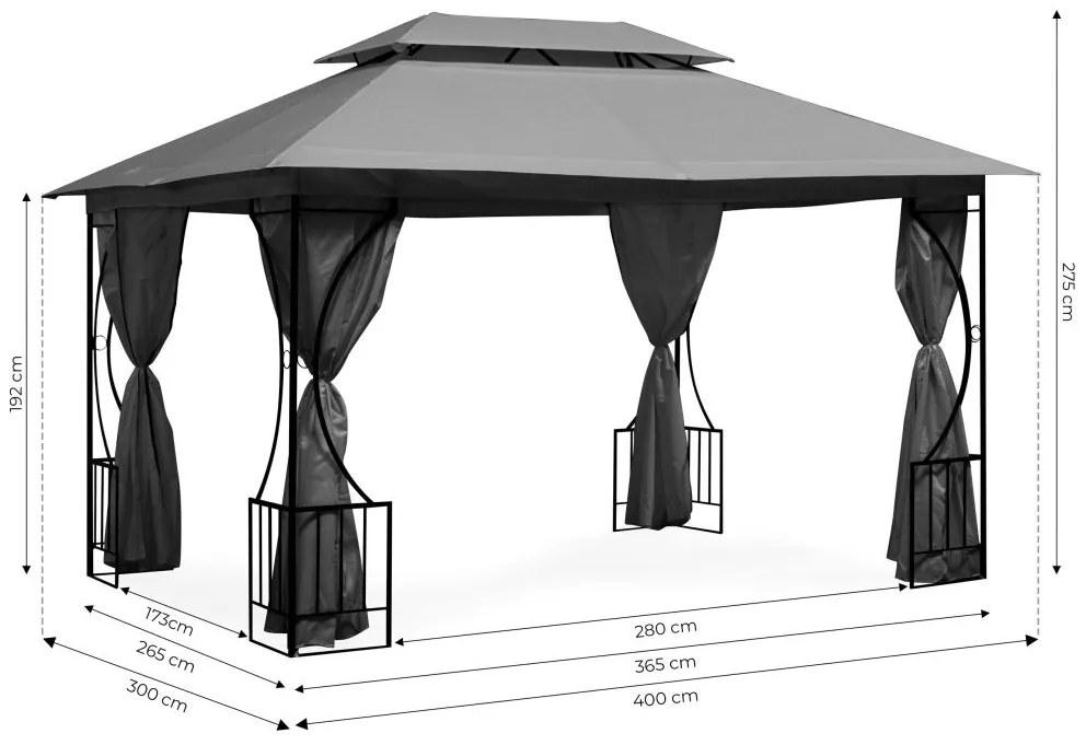 Zahradní stan 3 x 4 m s moskytiérou v šedé barvě