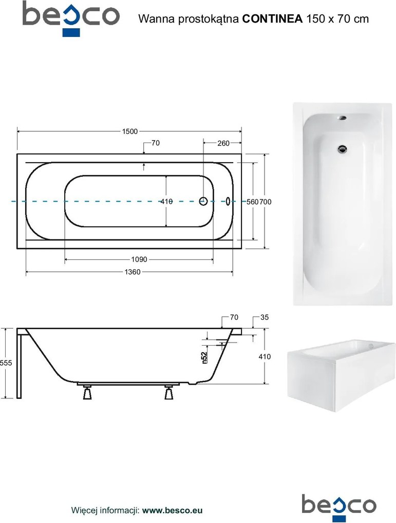 Besco CONTINEA 150 cm VANCONT150 vana bez nožiček