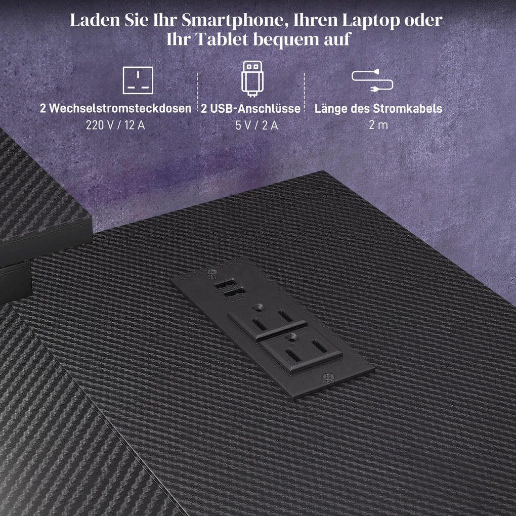HOMCOM Stůl ve tvaru L s LED diodami, zásuvkami, USB, oboustranný počítačový stůl s polici, 107 x 80 x 90 cm, černý [