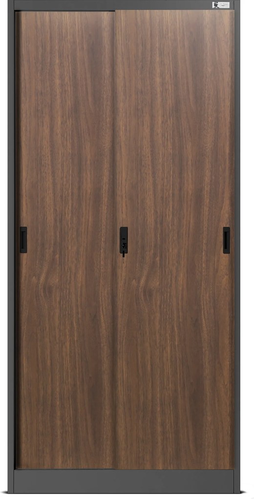Kovová kancelářská skříň s posuvnými dveřmi, antracit/ořech, 900x1850x400 mm: KUBA Eco Design