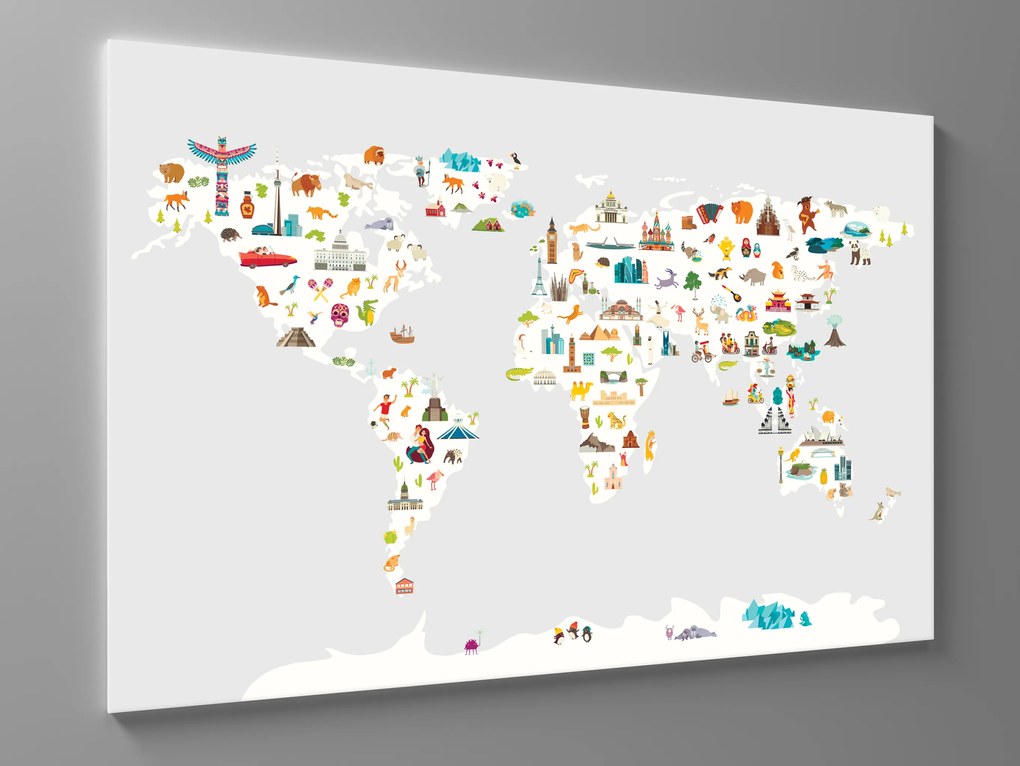 Liox Obraz mapa světa s ikonami Rozměr: 120 x 80 cm