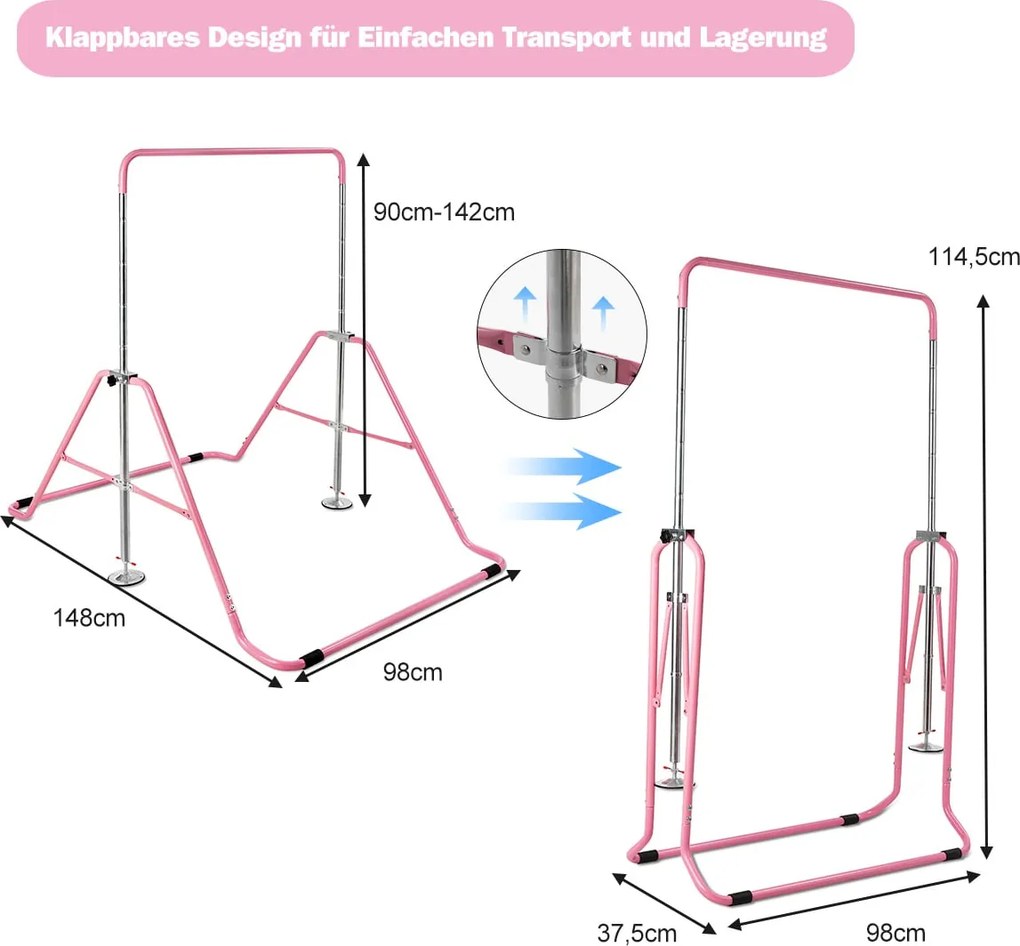 Costway Dětská gymnastická tyč, výškově nastavitelná hrazda, 90-130 cm, skládací