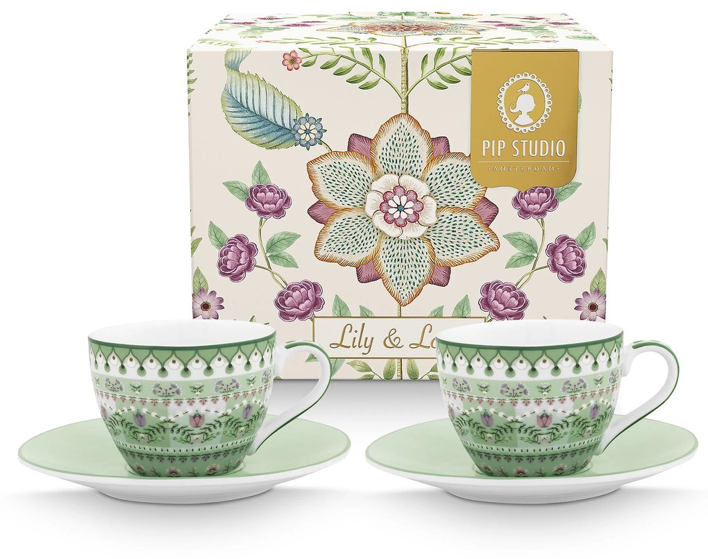Pip Studio Lily & Lotus sada 2ks espresso šálků s podšálky 100ml, zelená (sada 2 hrnků v dárkovém balení)