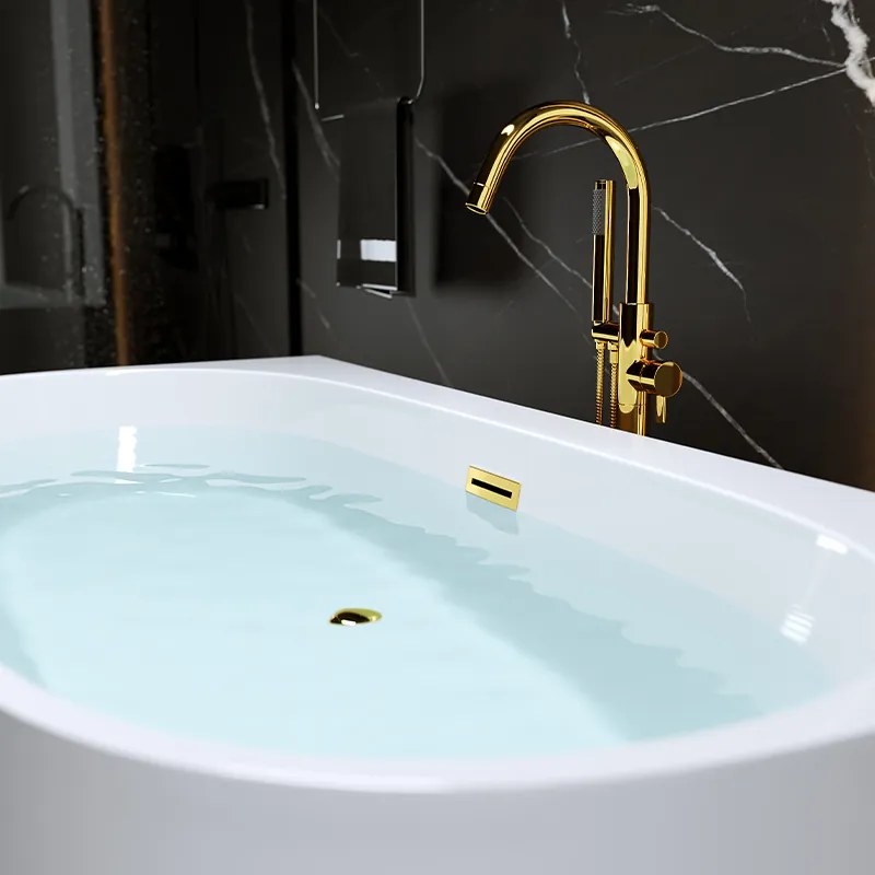 BPS-koupelny Volně stojící akrylátová vana ke stěně HYD-6061 NR526D 170x85 bílá, odtokový komplet zlatý