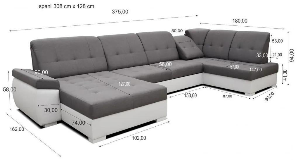 ANTEX ZEUS rozkládací sedačka ve tvaru U se dvěmi úložnými prostory šedo - bílá 375 x 94 x 162 - 180 cm