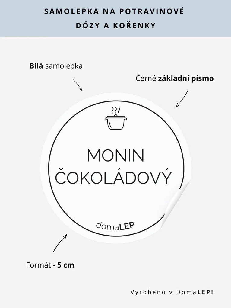 Samolepka na láhev MONIN ČOKOLÁDOVÝ průměr 5 cm – bílá vinylová, voděodolná, omyvatelná samolepka na dózy, základní písmo