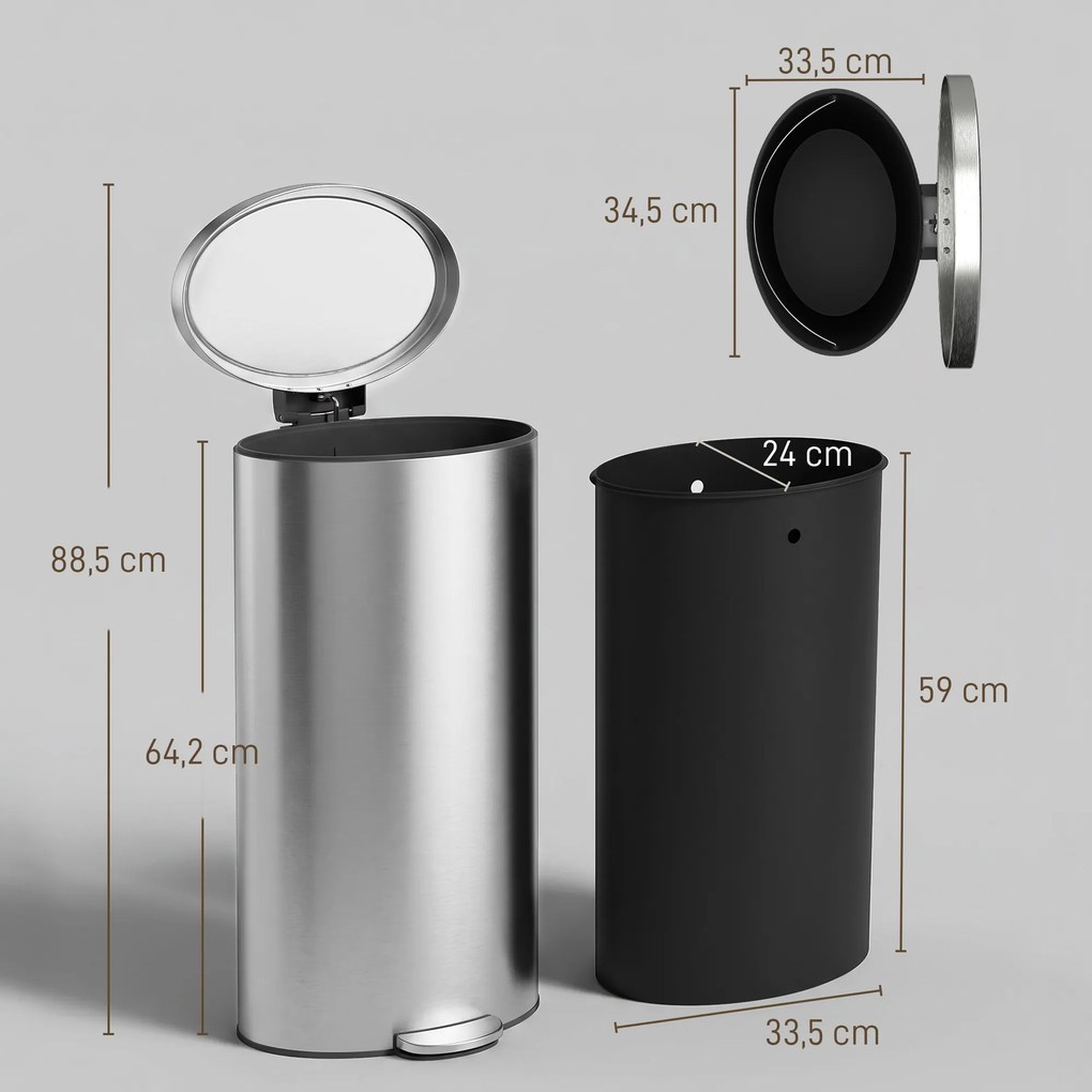 HOMCOM Odpadkový koš s víkem Soft-Close, pedálový koš s vyjímatelným vnitřním kbelíkem 30L, stříbrný