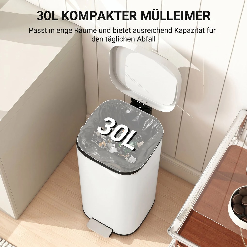 HOMCOM 30 l pedálový odpadkový koš s tichým dovíráním, vyjímatelným vnitřním kbelíkem a funkcí držení v otevřené poloze – kov odolný proti otiskům, k…