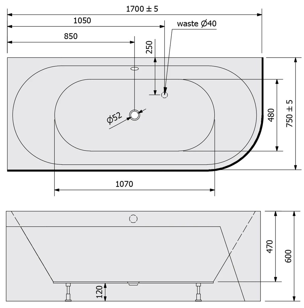Polysan Monolith volně stojící vana VIVA L MONOLITH, 170x75x60 cm, 70119M