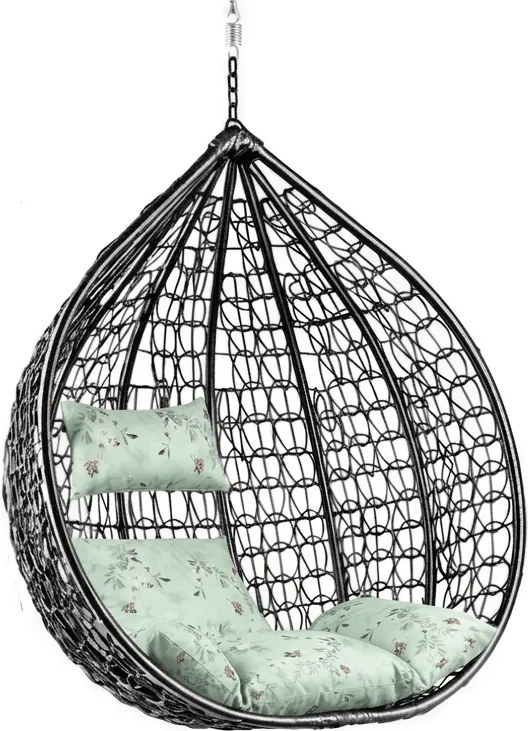 Černé závěsné křeslo KOKON bez stojanu, světle zelený polštář se vzorem