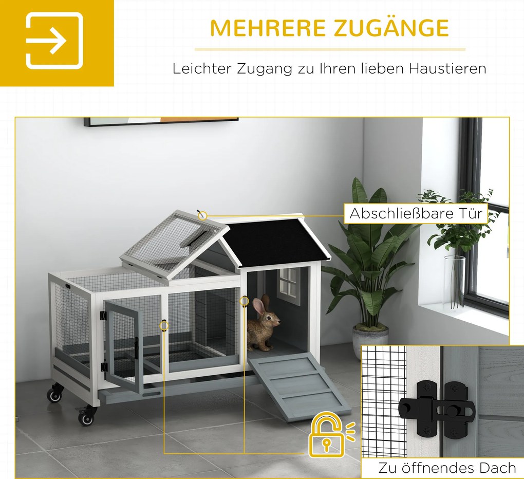 Dřevěná klec pro trpasličí králíky PawHut, 108 x 58 x 73,5 cm, malá zvířecí klec s venkovním výběhem, kolečky, skládací střechou, trpasličí králičí k…