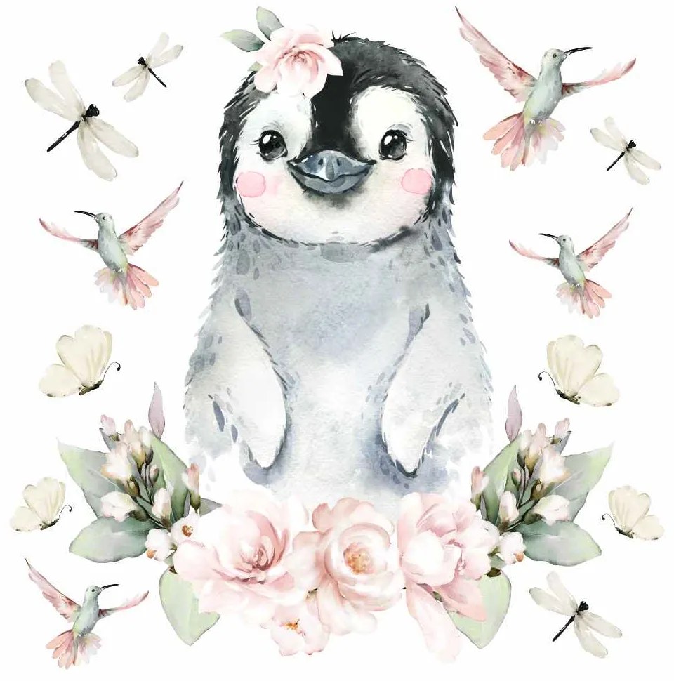 Gario Dětská nálepka na zeď Animals among flowers - tučňák