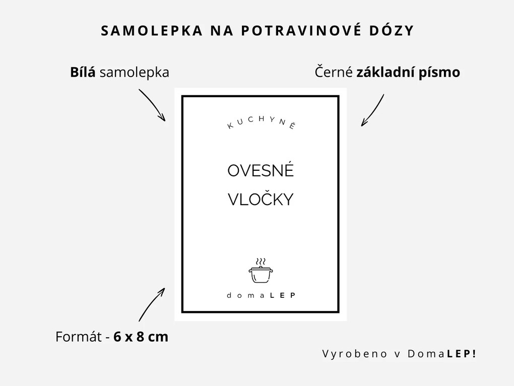 OVESNÉ VLOČKY - omyvatelná samolepka na dózu, výběr rozměrů Ø 5 cm / 5 x 5 cm / 6 x 8 cm | DomaLEP tvar: KOLEČKO, barva: BÍLÁ - ČERNÉ písmo, velikost: Ø 5 cm - tučné písmo