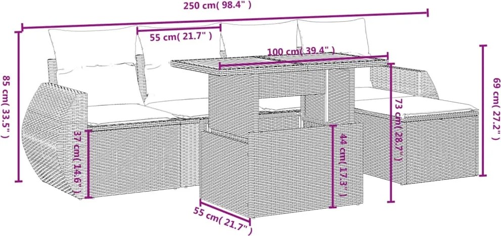6dílná zahradní sedací souprava s poduškami černá polyratan 3275807