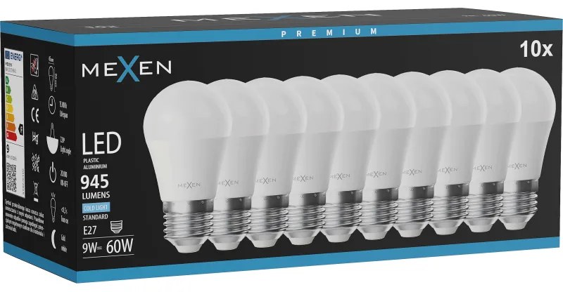 Mexen Nova 10x LED žárovka E27, G45, 9W, Studená - 6500K, 945 lm - L101-E27-0965-01x10