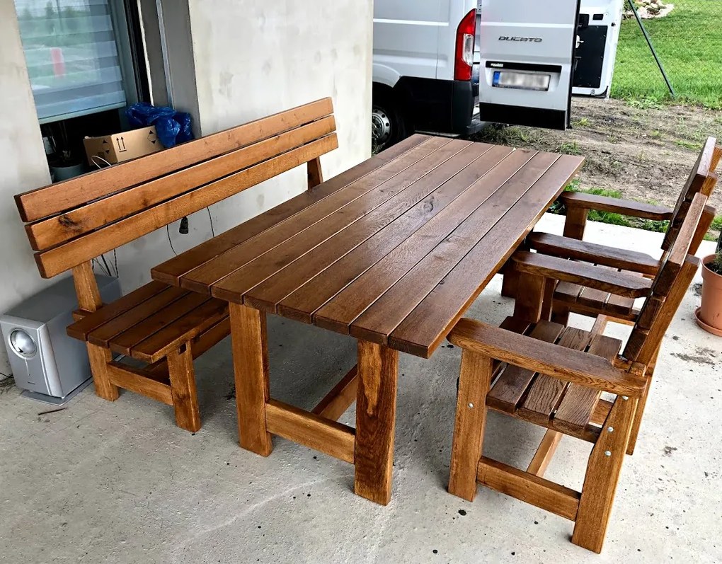 KULHÁNEK Zahradní dubová sestava - stůl, 1x lavice s opěradlem, 2x křeslo (klasické provedení) Délka: 150 cm, Odstín nátěru: olej - teak