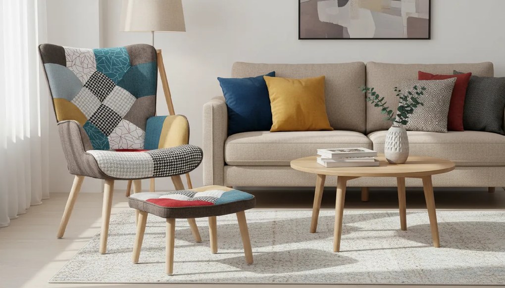 Relaxační křeslo ušák LYRO - patchwork látka Barva: Vícebarevná