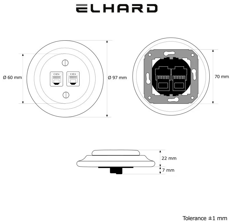 Elhard Kulatá keramická zásuvka 2xRJ45 CAT6, černá KV2034B