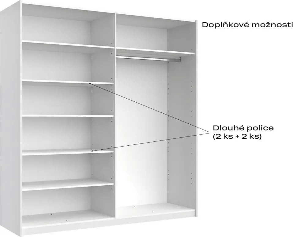 Skříň s posuvnými dveřmi 2.0x2.1m (Dveře Lesklá Bílá/Zrcadlo), série N Family