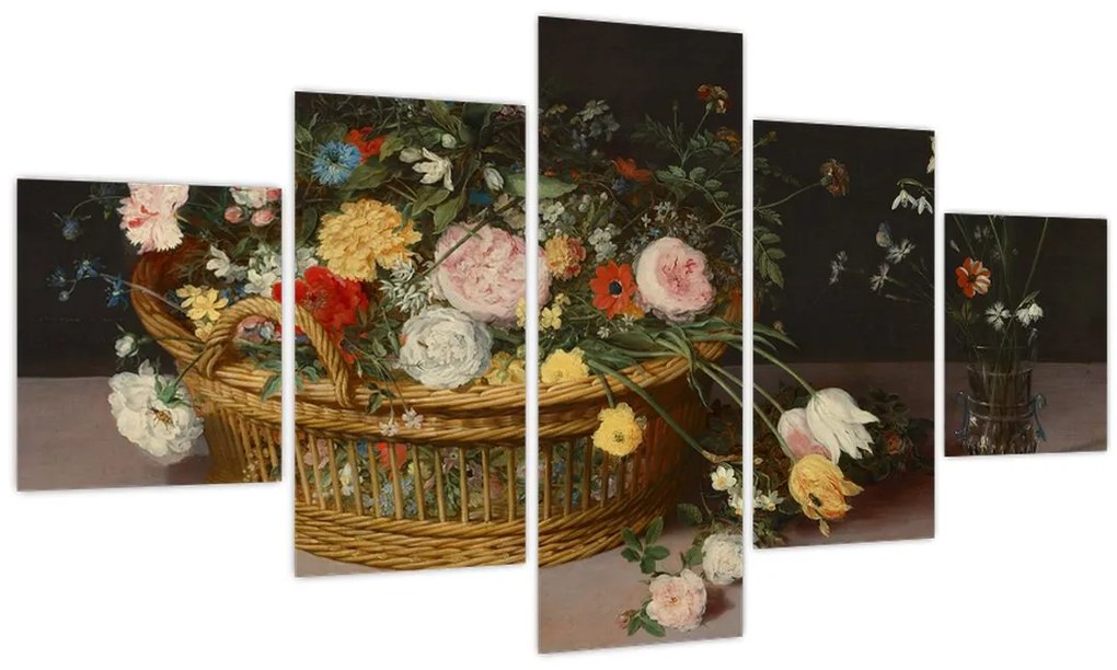 Obraz - Jan Brueghel the Elder, Flowers in a Basket and a Vase, reprodukce (125x70 cm)
