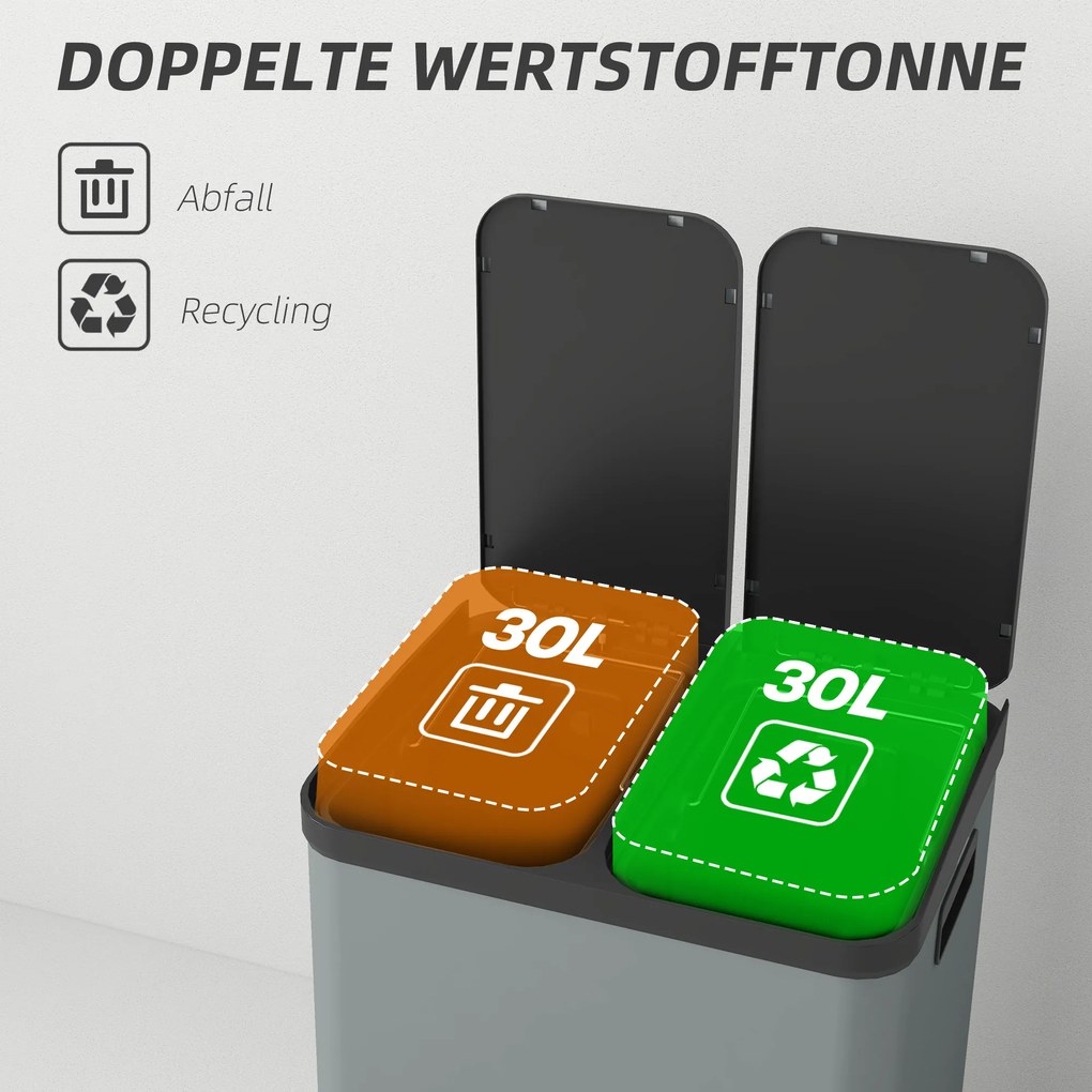 HOMCOM odpadkový koš 2x30L pedálový koš na kosmetiku s víkem a nožním pedálem, kovový odpadkový koš s vnitřním košem do obývacího pokoje a kanceláře,…