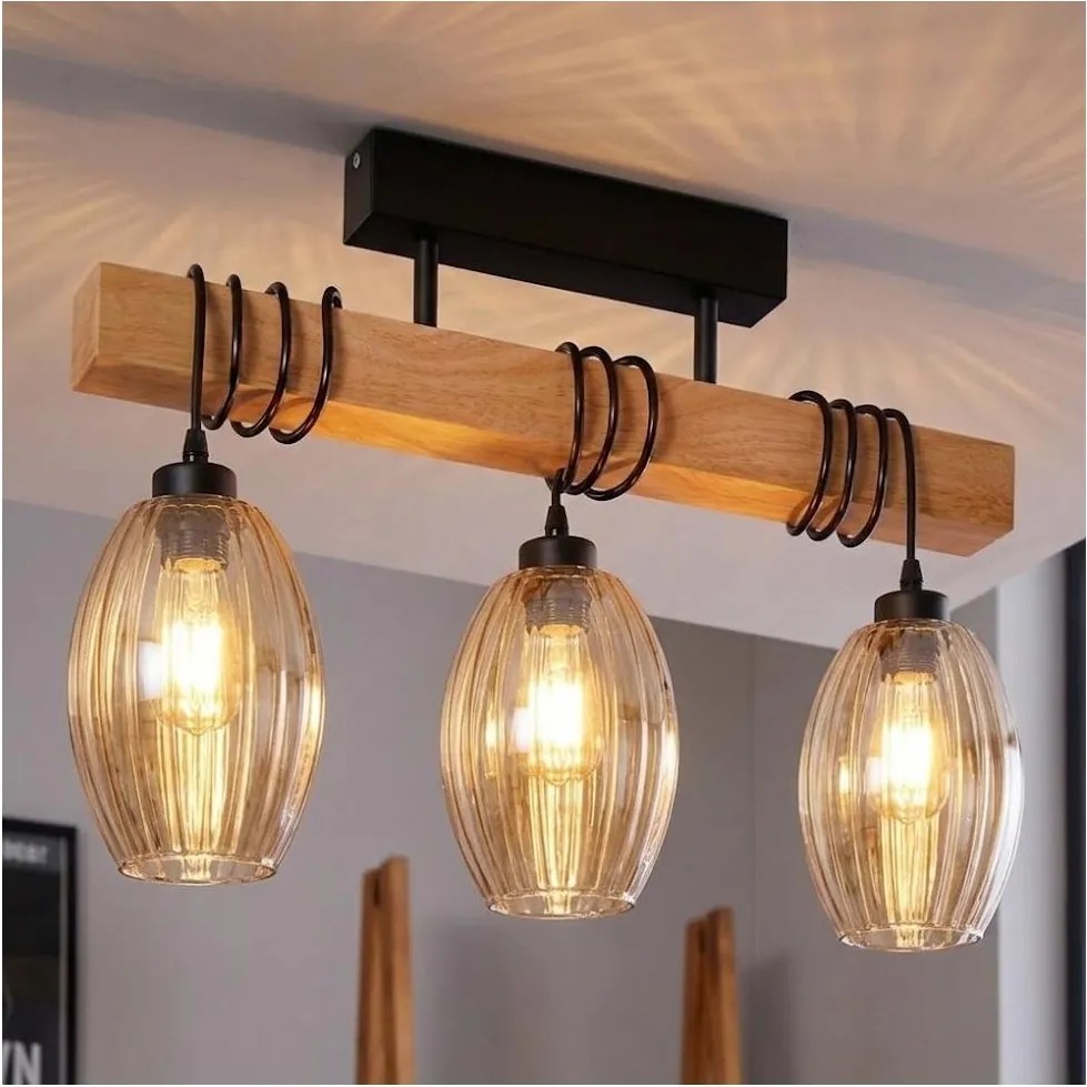 BRILAGI - Přisazený lustr WOOD GLASS 3xE27/60W/230V borovice/černá/kouř béžová
