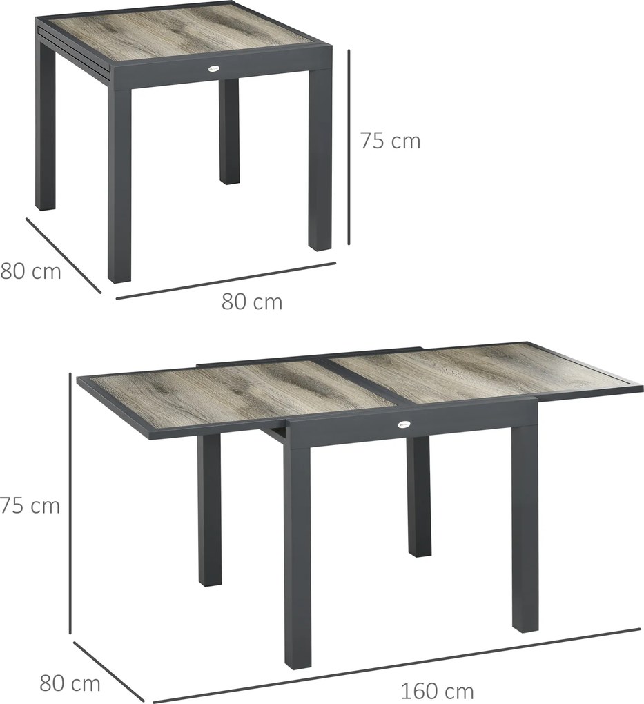 Zahradní stůl Outsunny, jídelní stůl s rozkládací deskou, stůl na terasu se vzhledem dřeva, hliníkový stůl na balkon, béžová+šedá, 160 x 80 x 75cm| A…