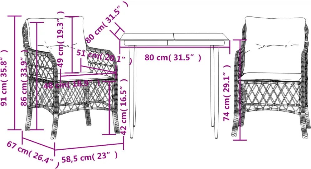 3dílný bistro set s poduškami hnědý polyratan 3212110