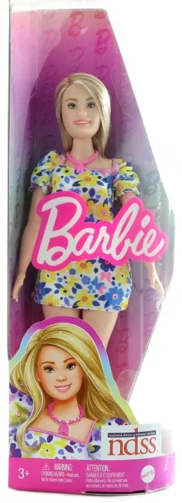 Barbie Modelka - šaty s modrými a žlutými květinami HJT05