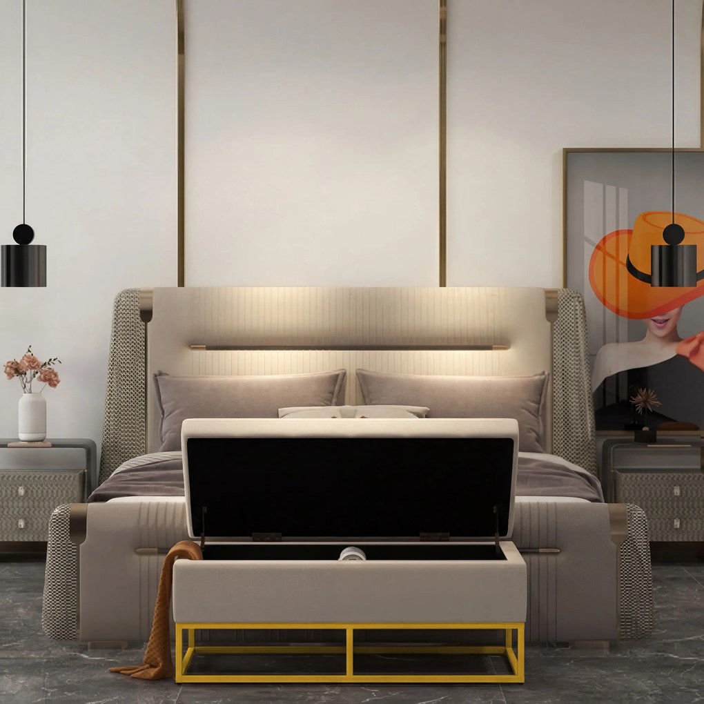 HOMCOM Lavice s úložným prostorem Čalouněná lavice s výklopným víkem v béžovém sametovém vzhledu Lavice s ocelovými nohami 110x44x49 cm do předsíně o…