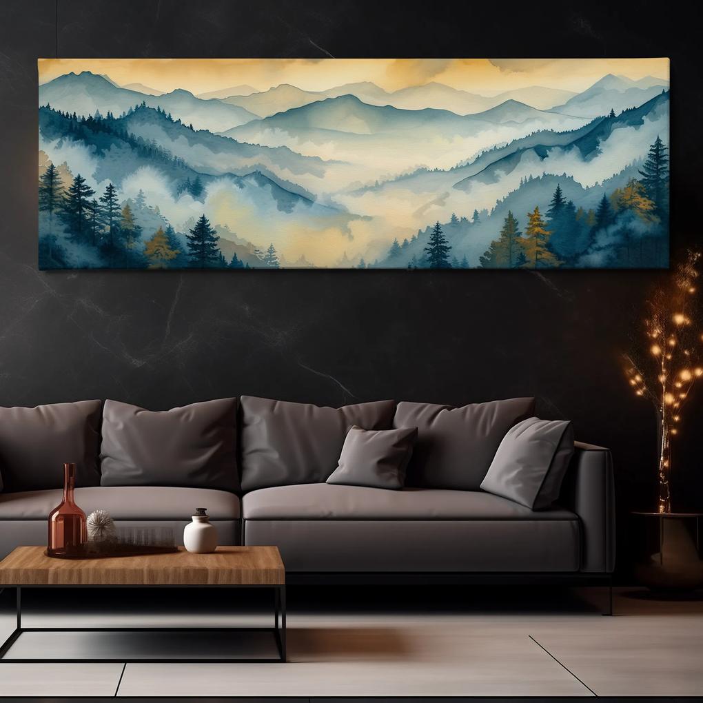 Obraz na plátně - Mlžné kopečky se smrkovými lesy FeelHappy.cz Velikost obrazu: 210 x 70 cm